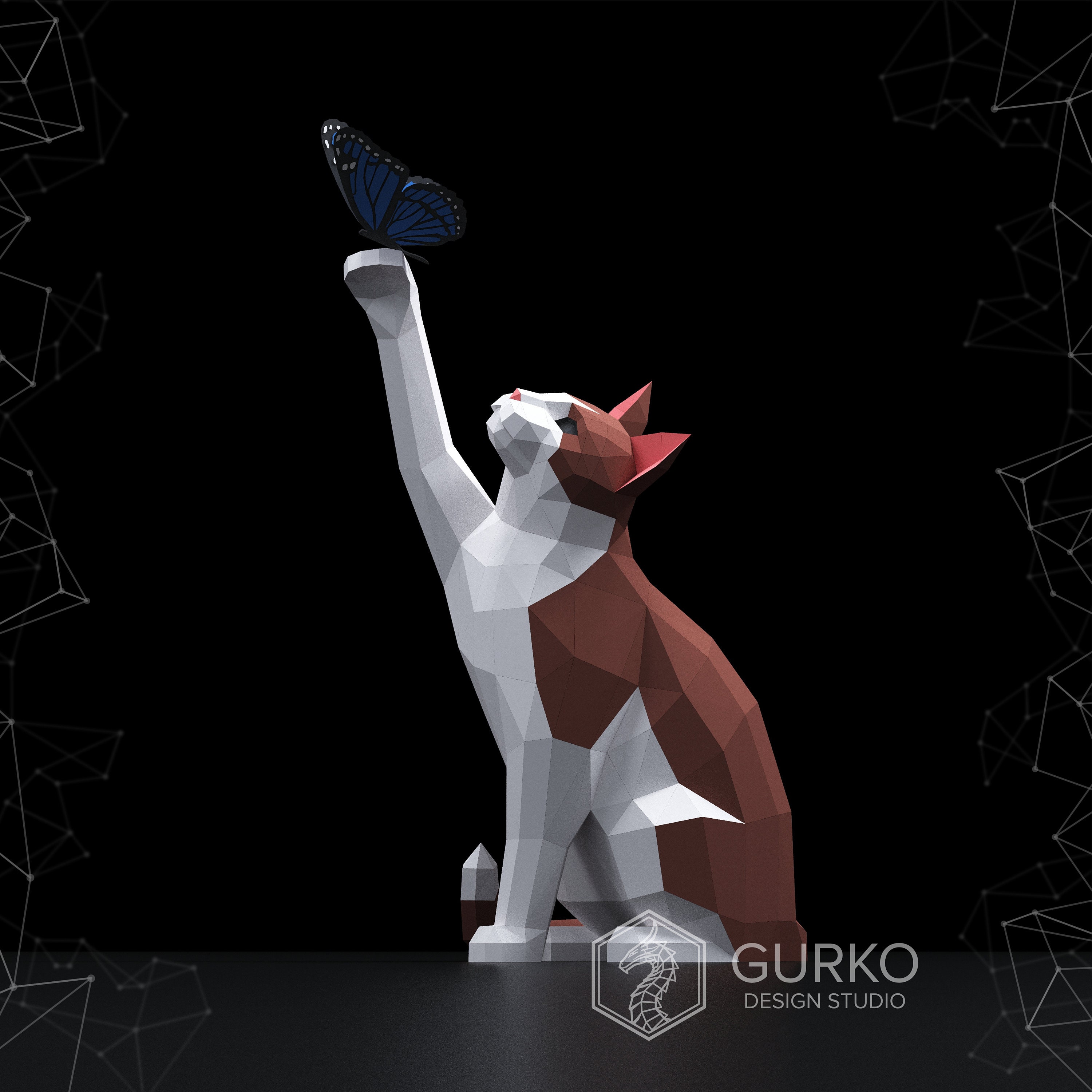 Papercraft Cat With Butterfly, 3D Origami Paper Sculpture, Gurko, Low ...