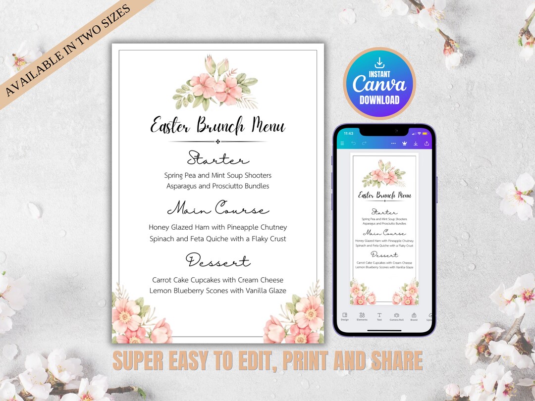 Editable Easter Theme Menu Card Canva Template Brunch Menu Festive Food ...