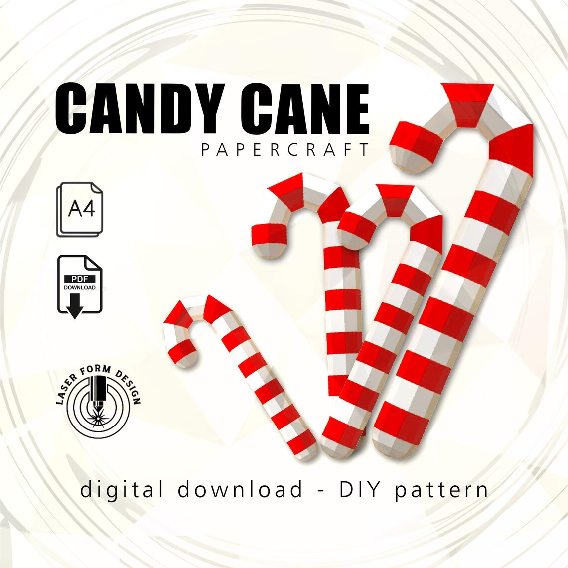 Candy Cane Papercraft 3D Polygon Christmas Decoration DIY Paper ...