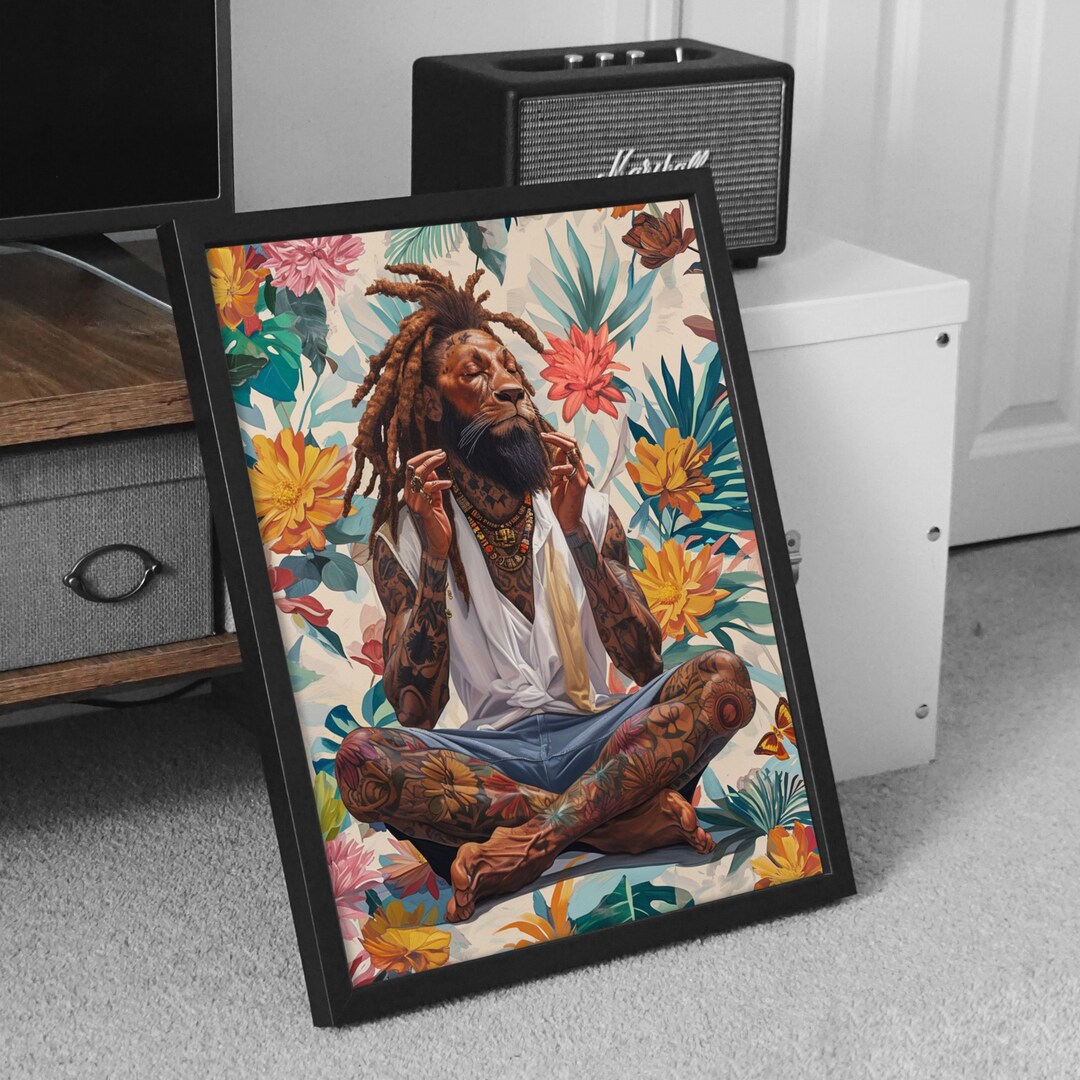 Afro Lion Meditation Art Print, Black Mindfulness African Poster Decor ...