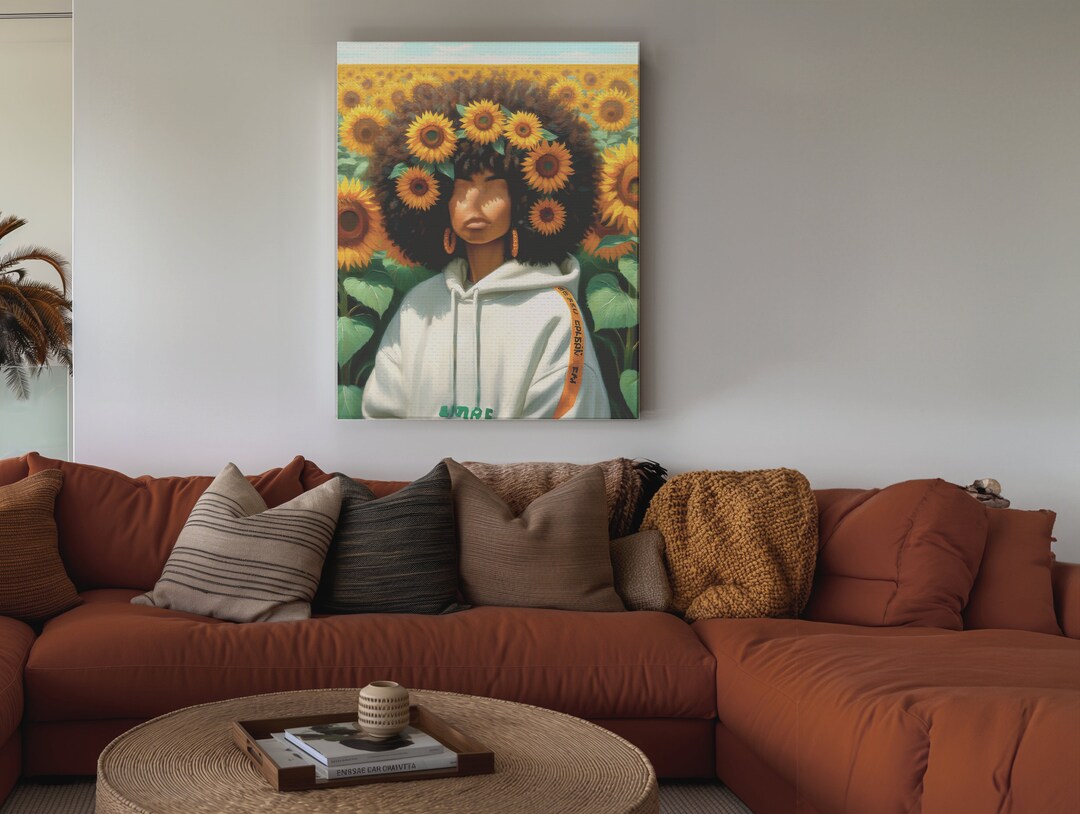 Black Woman Flower Face, Sunflower Head Wall Art, Mom Sister Gift Decor, African American Canvas ...