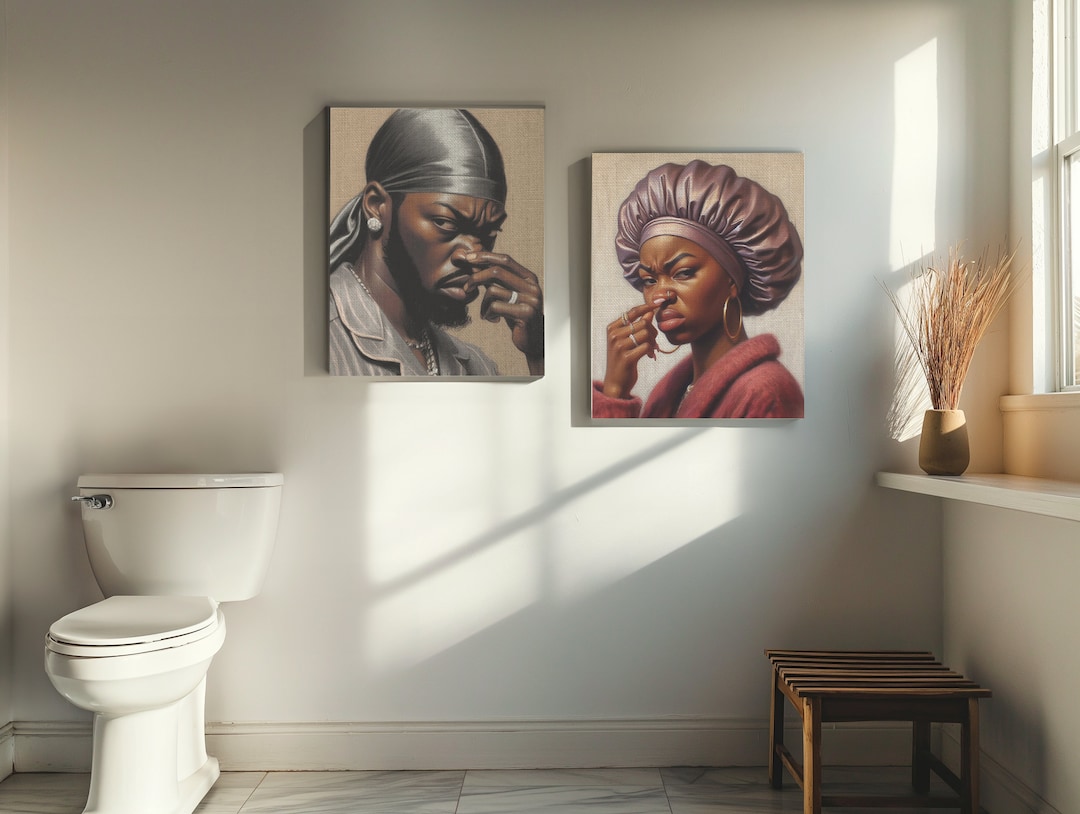 Funny African-american Bathroom Art Set. 2 Print, Ebony Couple Wall Canvas Painting for Bathroom ...