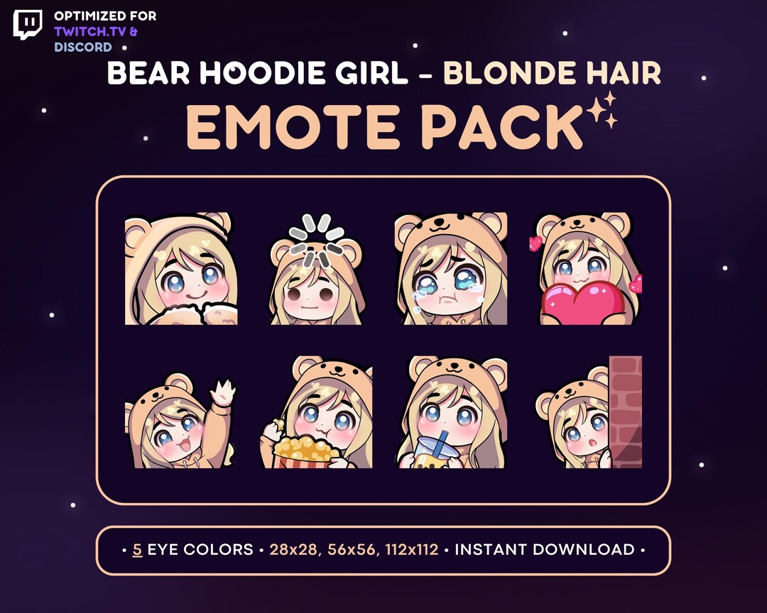 Chibi Girl Emote Pack 8x - Bear Hoodie Blonde Hair Girl Twitch Emote [fair Skin, 5 Eye Colors ...