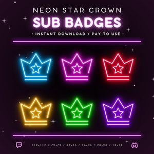 Neon Star Crown Sub Badges - Neon Twitch Sub Badges, Channel Point Icon ...