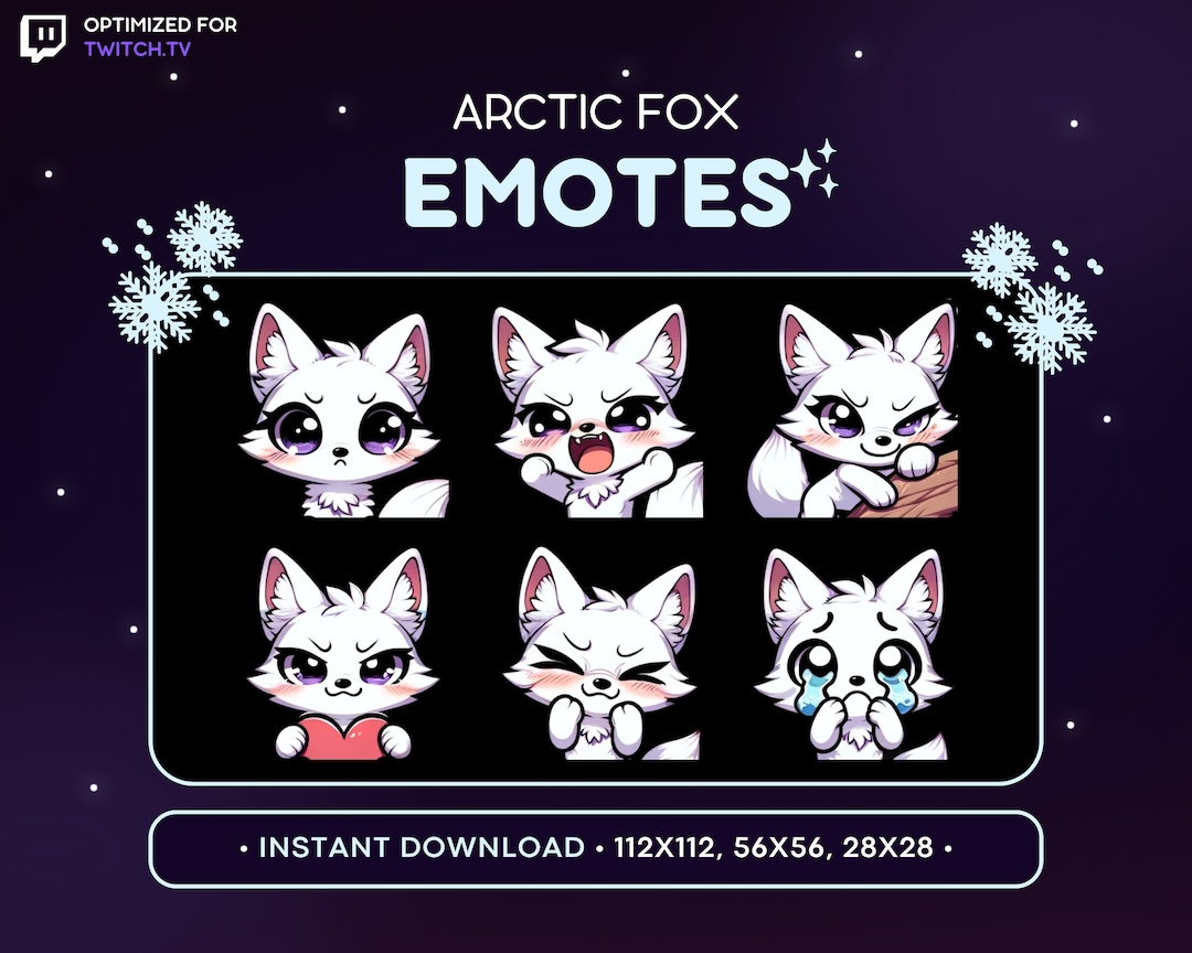 Cute Snow Fox Twitch Emote Pack 6x - Arctic Fox Emote, Fox Discord Emote, Streaming Assets ...