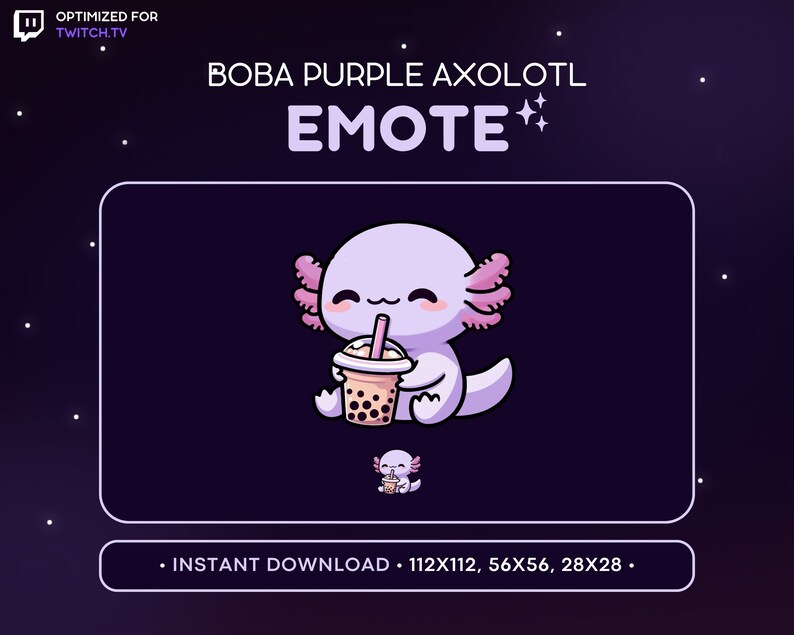 Cute Axolotl Twitch Emote Boba Tea Bubble Tea Purple Axolotl Emote, Axolotl Discord Emote ...