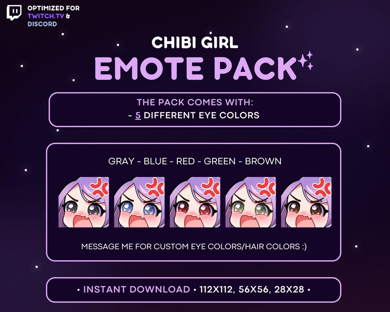 Chibi Girl Emote Pack 20x - Purple Hair Girl Twitch Emote [fair Skin, 5 ...
