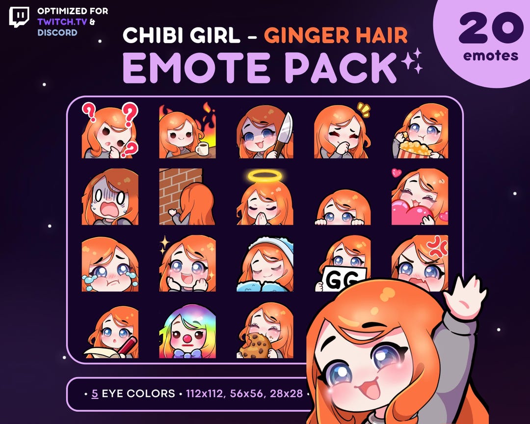 Chibi Girl Emote Pack 20x - Ginger Hair Girl Twitch Emote [fair Skin, 5 ...