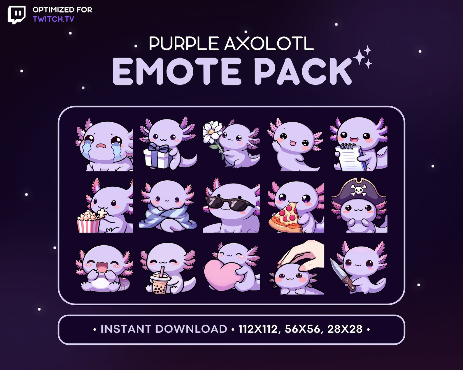 Cute Axolotl Twitch Emote Pack 15x - Purple Axolotl Emote, Axolotl ...