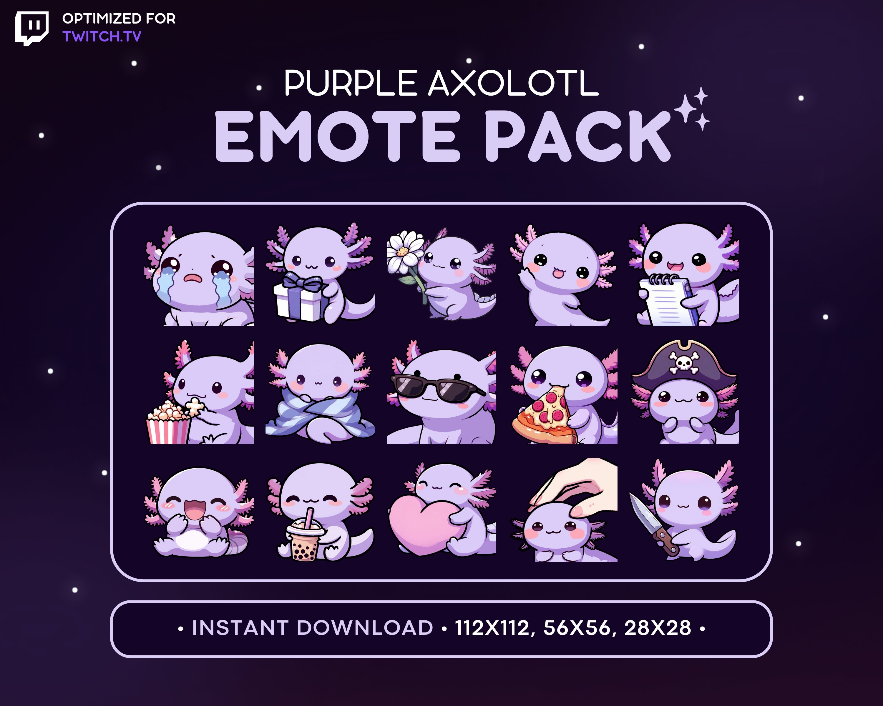 Cute Axolotl Twitch Emote Pack 15x Purple Axolotl Emote, Axolotl Discord Emote, Gaming ...
