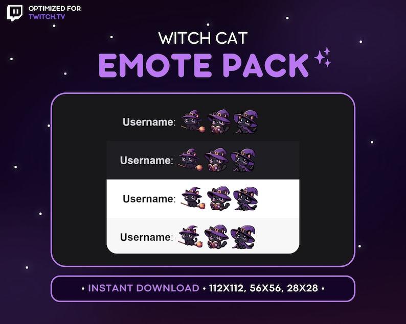 Cute Witch Black Cat Twitch Emote Pack - Witch Cat Emotes, Cat Discord ...