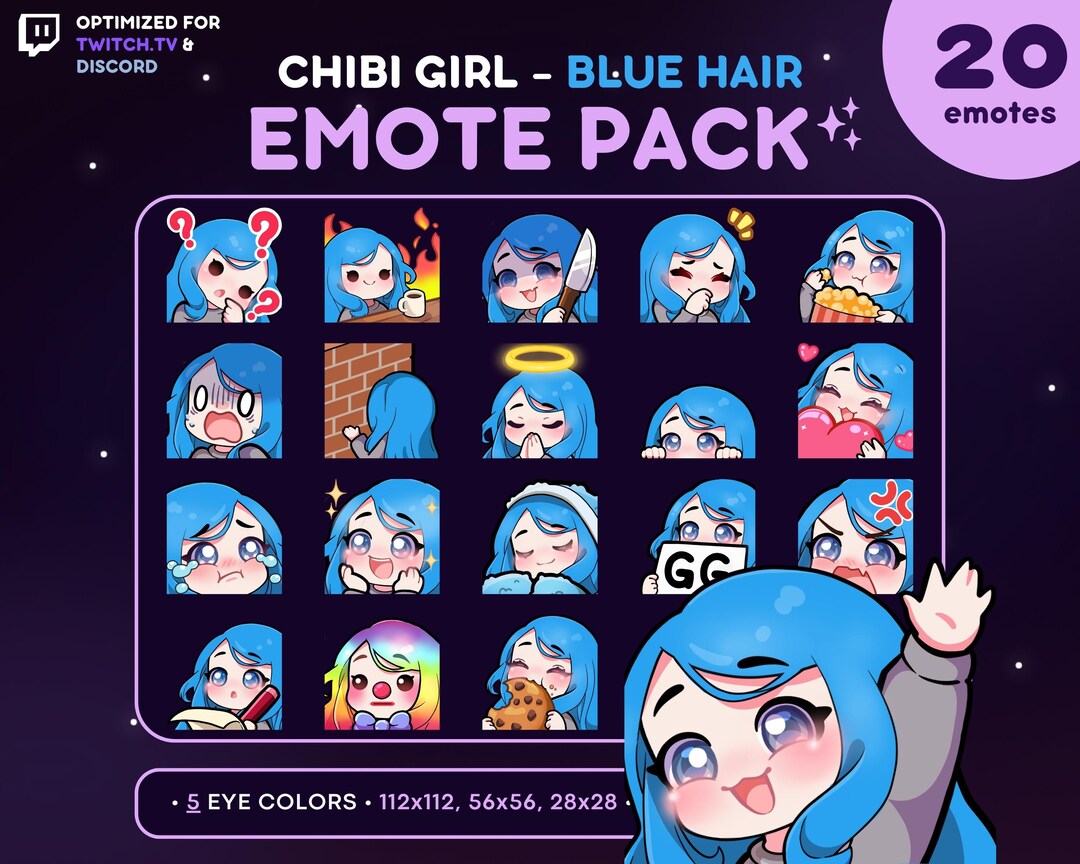 Chibi Girl Emote Pack 20x - Blue Hair Girl Twitch Emote [fair Skin, 5 ...