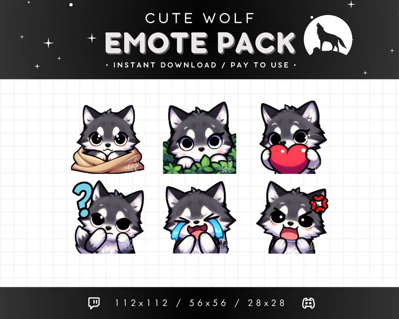 Cute Wolf Twitch Emote Pack 6x Grey Wolf Emote, Wolf Discord Emote ...
