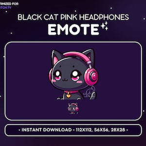 Cute Black Cat Twitch Emote - Jamming Cat Emote, Pink Headphones Cat ...