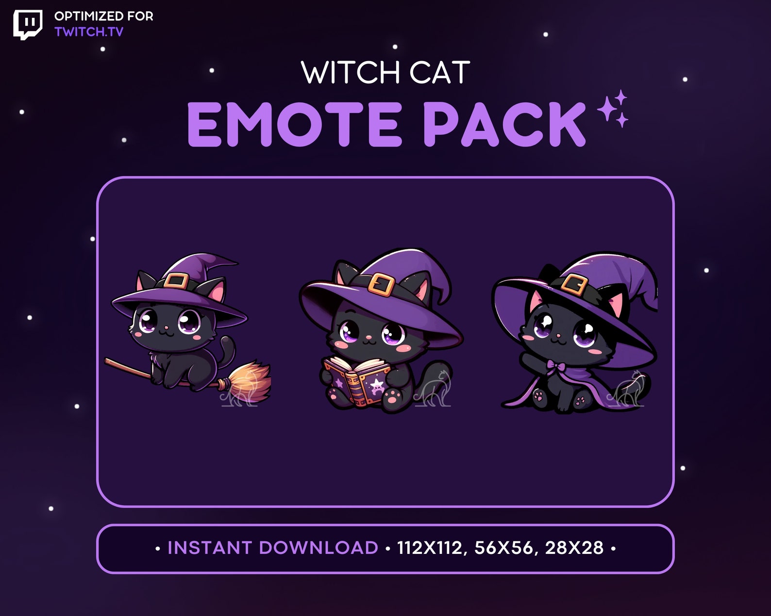 Cute Witch Black Cat Twitch Emote Pack - Witch Cat Emotes, Cat Discord ...