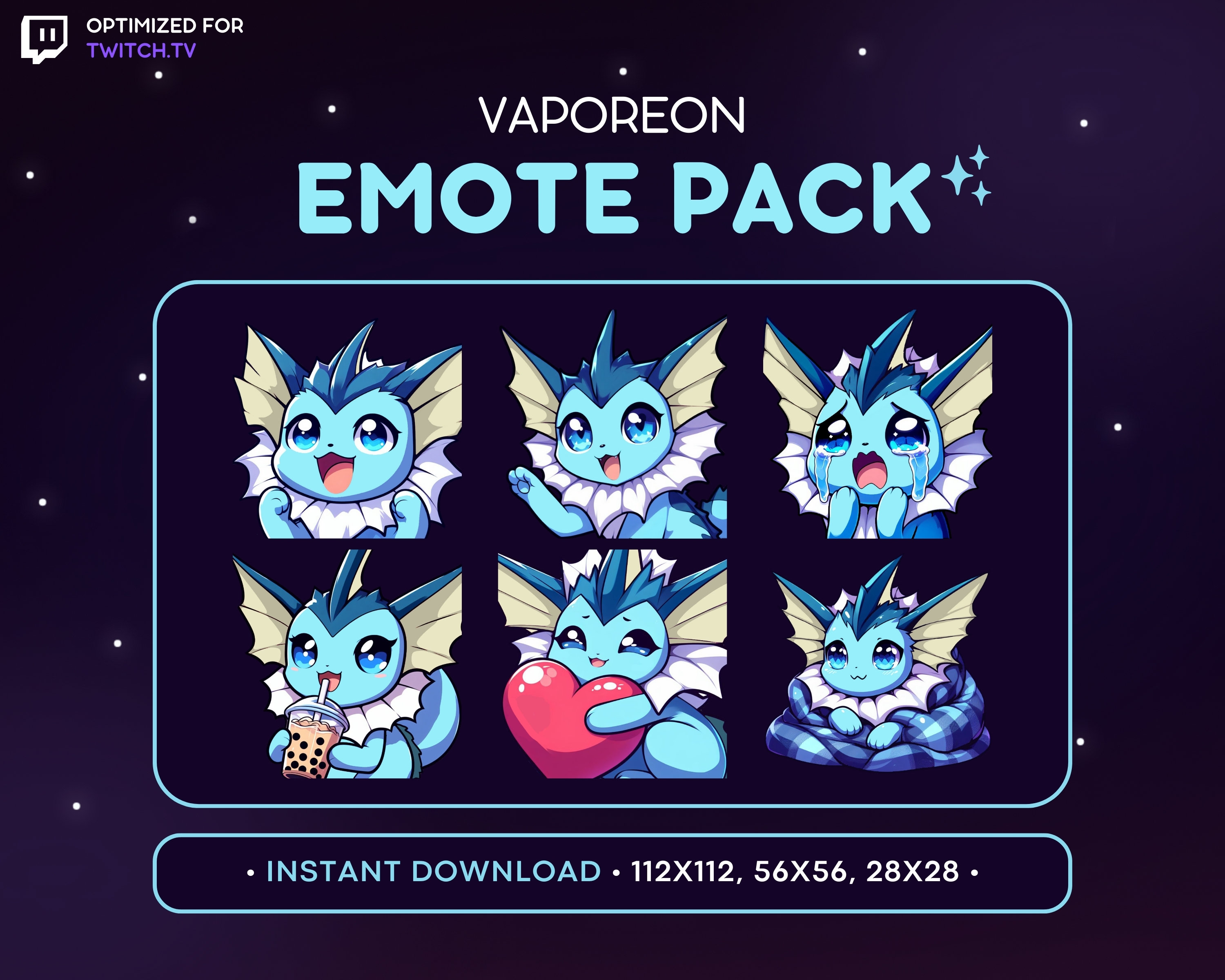 Cute Vaporeon Twitch Emote Pack 6x - Vaporeon Pokemon Emote, Gaming ...