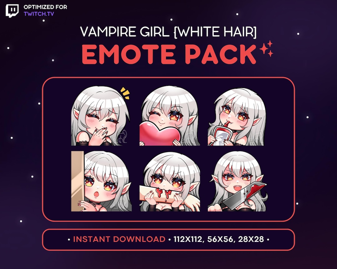 Vampire Girl Twitch Emote Pack - White Hair Evil Vampire Girl, Kawaii ...