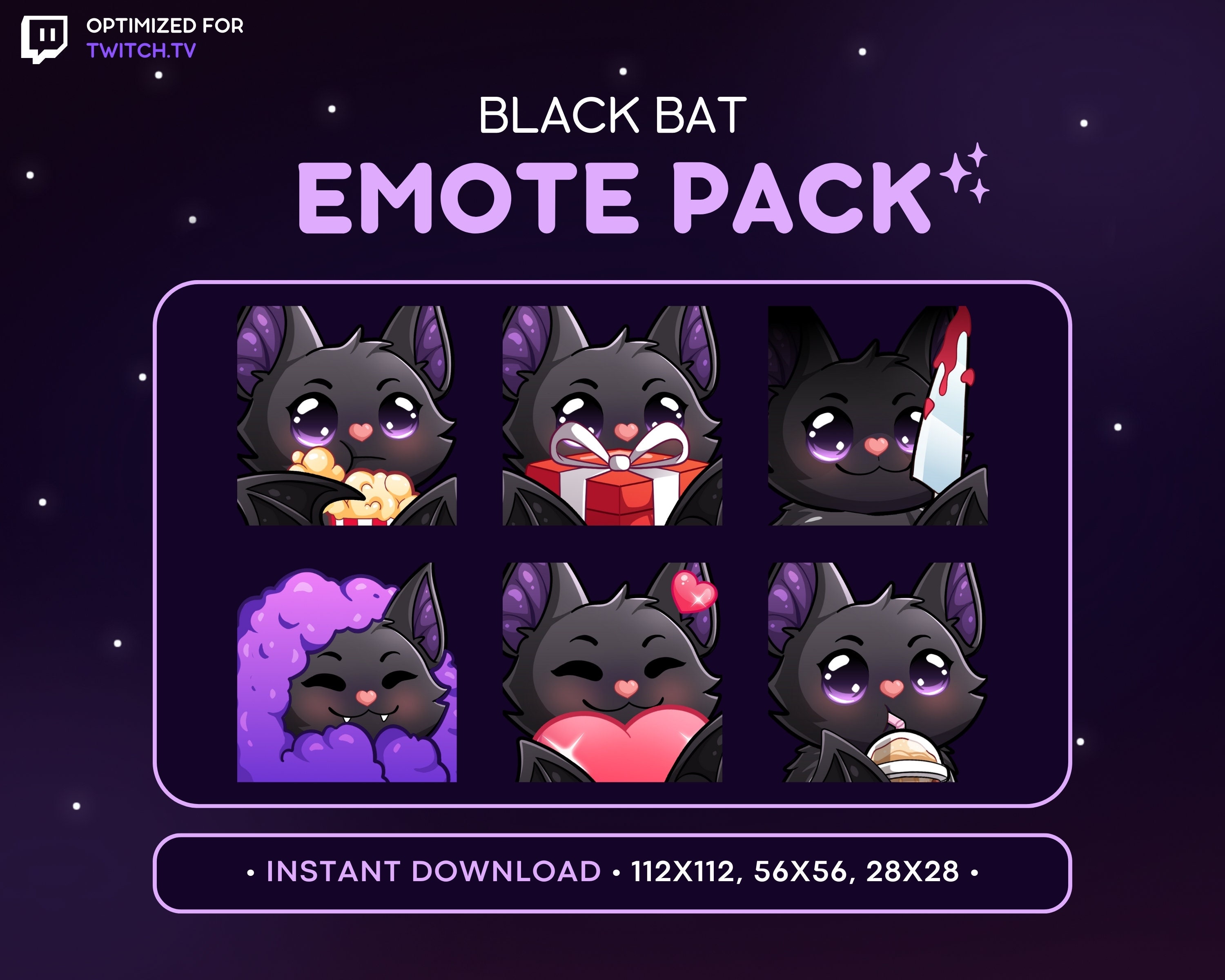 Cute Chibi Bat Twitch Emote Pack - Black Bat Emote, Bat Discord Emote ...