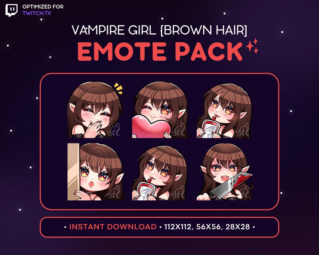 Vampire Girl Twitch Emote Pack - Brown Hair Evil Vampire Girl, Kawaii ...