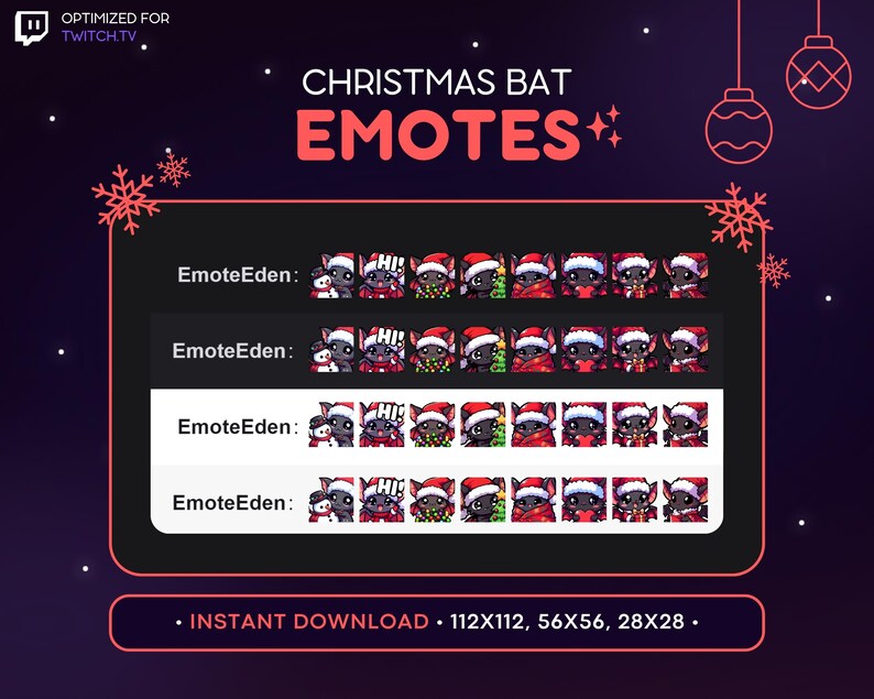 Bat Christmas Twitch Emote Pack 8x - Black Bat Holiday Emote, Discord ...