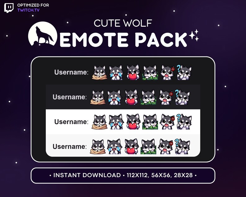 Wolf Twitch Emote Pack - Grey Wolf Discord Emoji, Sticker, Love, Comfy ...