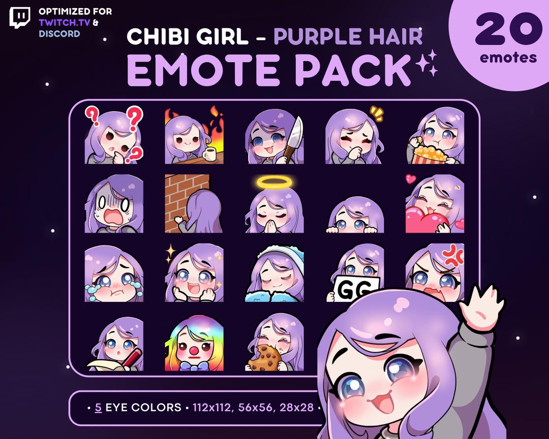 Chibi Girl Emote Pack 20x - Purple Hair Girl Twitch Emote [fair Skin, 5 ...