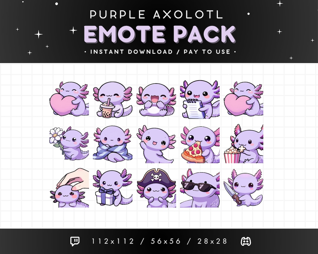 Cute Axolotl Twitch Emote Pack 15x Purple Axolotl Emote, Axolotl ...