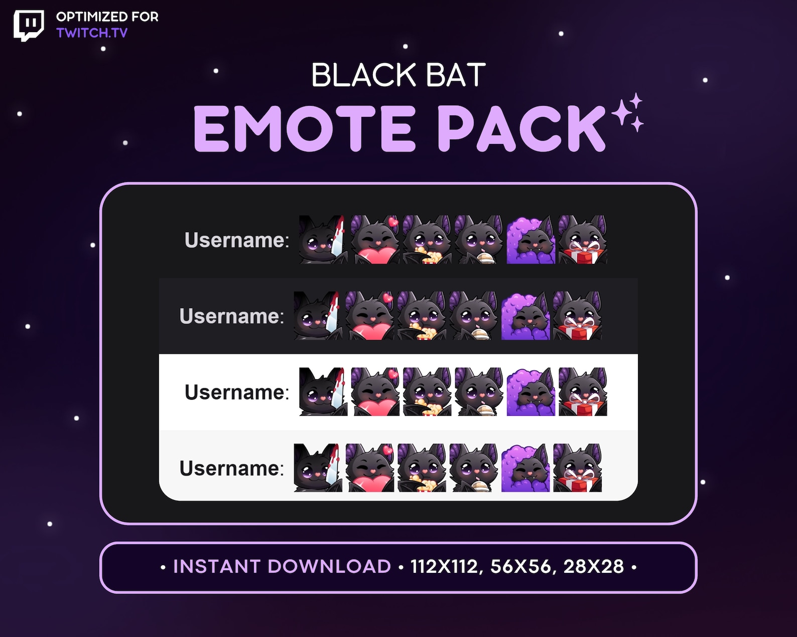 Cute Chibi Bat Twitch Emote Pack - Black Bat Emote, Bat Discord Emote ...