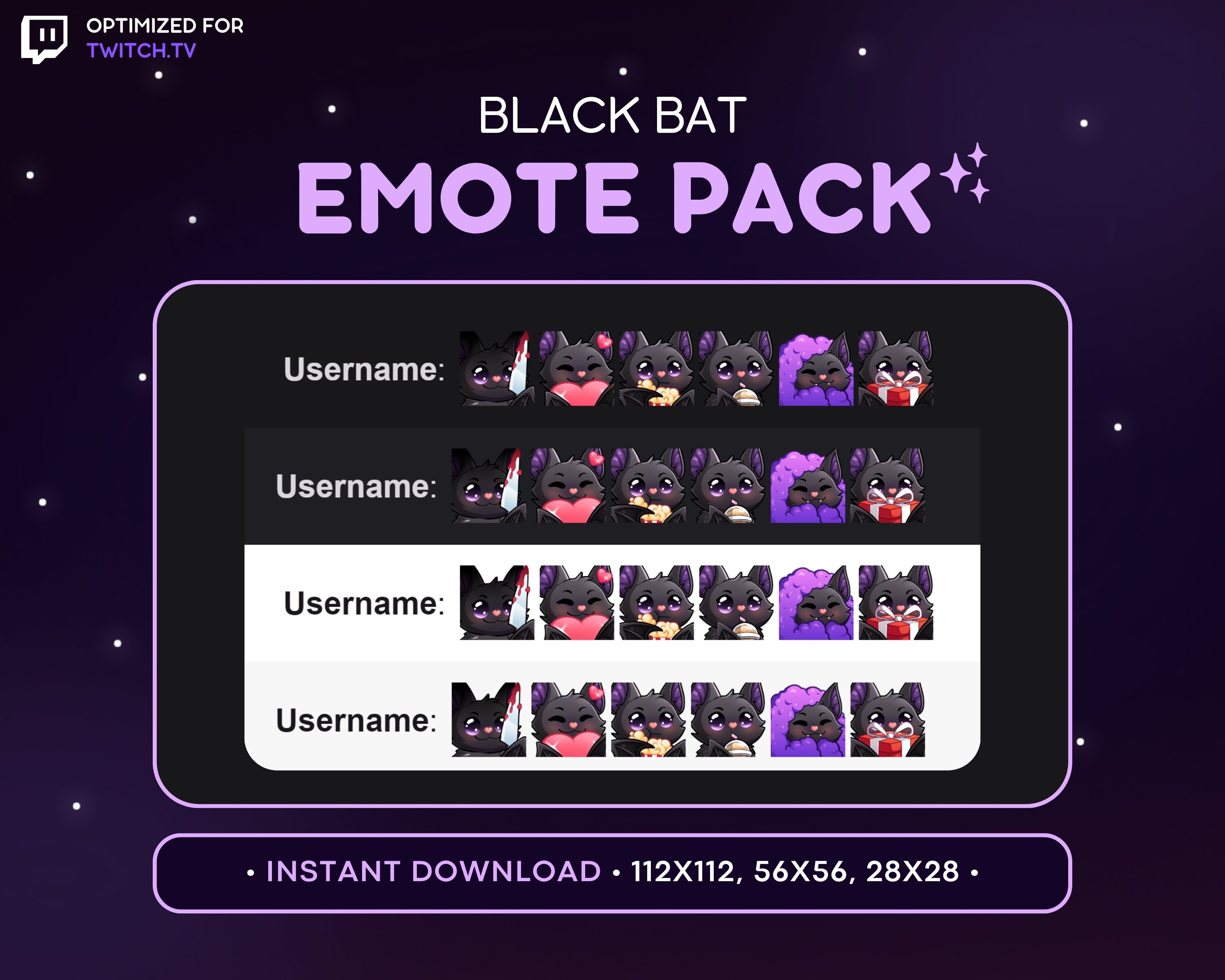 Cute Chibi Bat Twitch Emote Pack - Black Bat Emote, Bat Discord Emote ...