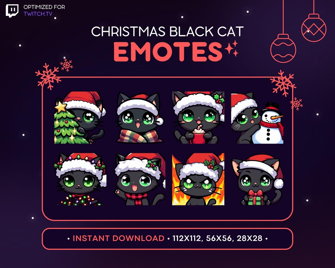 Black Cat Christmas Twitch Emote Pack 8x - Cute Kitten Holiday Emote ...
