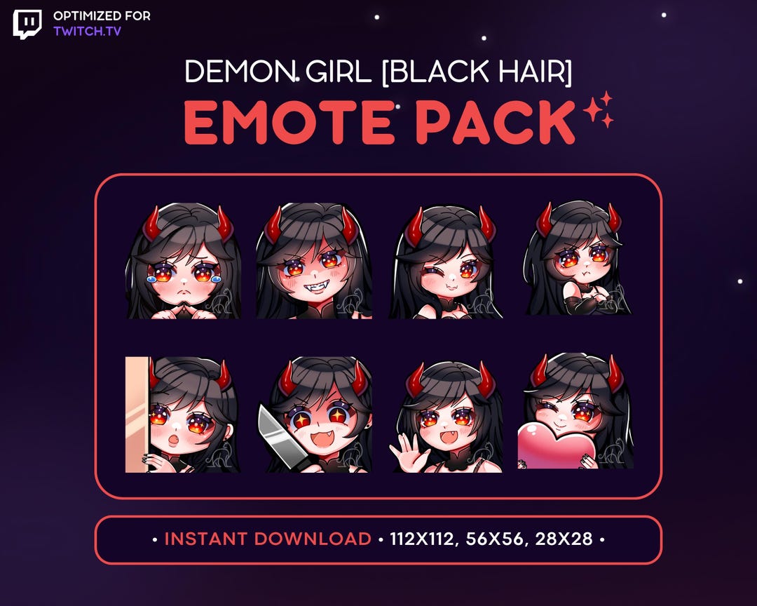 Demon Girl Twitch Emote Pack 8x - Black Hair Evil Succubus Girl, Kawaii ...