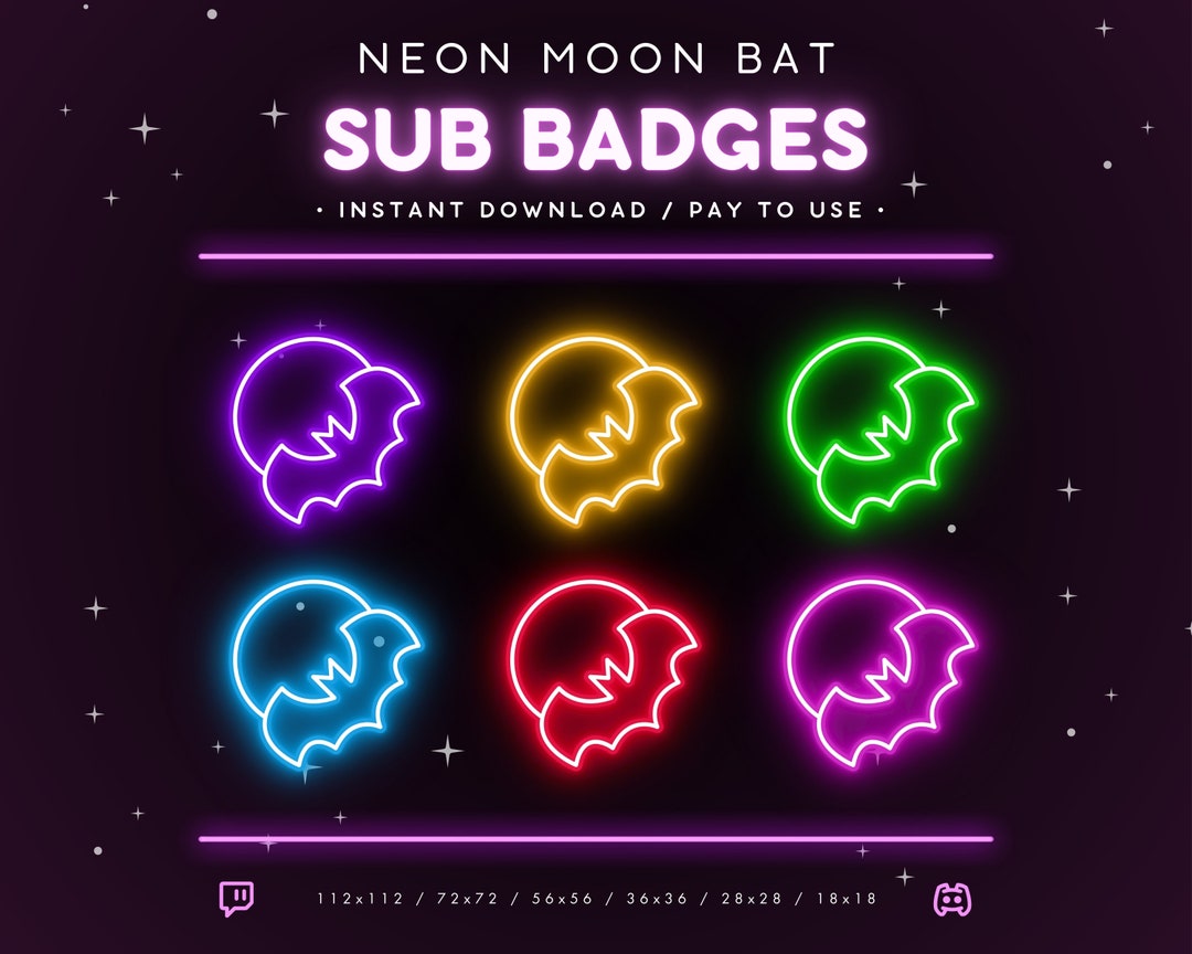Neon Moon Bat Sub Badges - Neon Twitch Sub Badges, Channel Point Icon ...