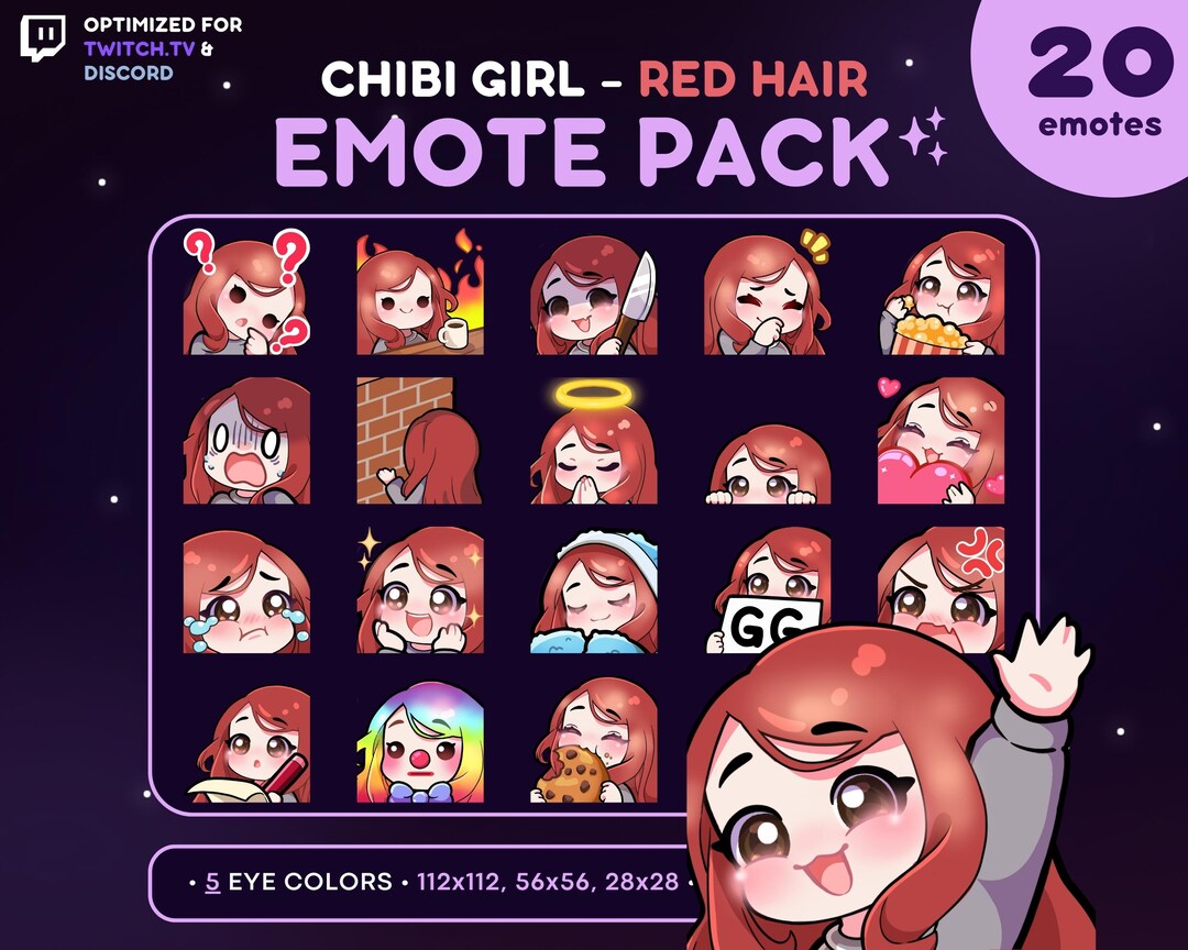 Chibi Girl Emote Pack 20x - Red Hair Girl Twitch Emote [fair Skin, 5 ...
