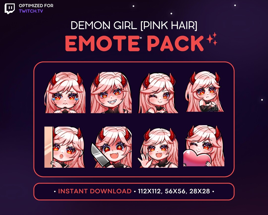 Demon Girl Twitch Emote Pack 8x - Pink Hair Evil Succubus Girl, Kawaii ...
