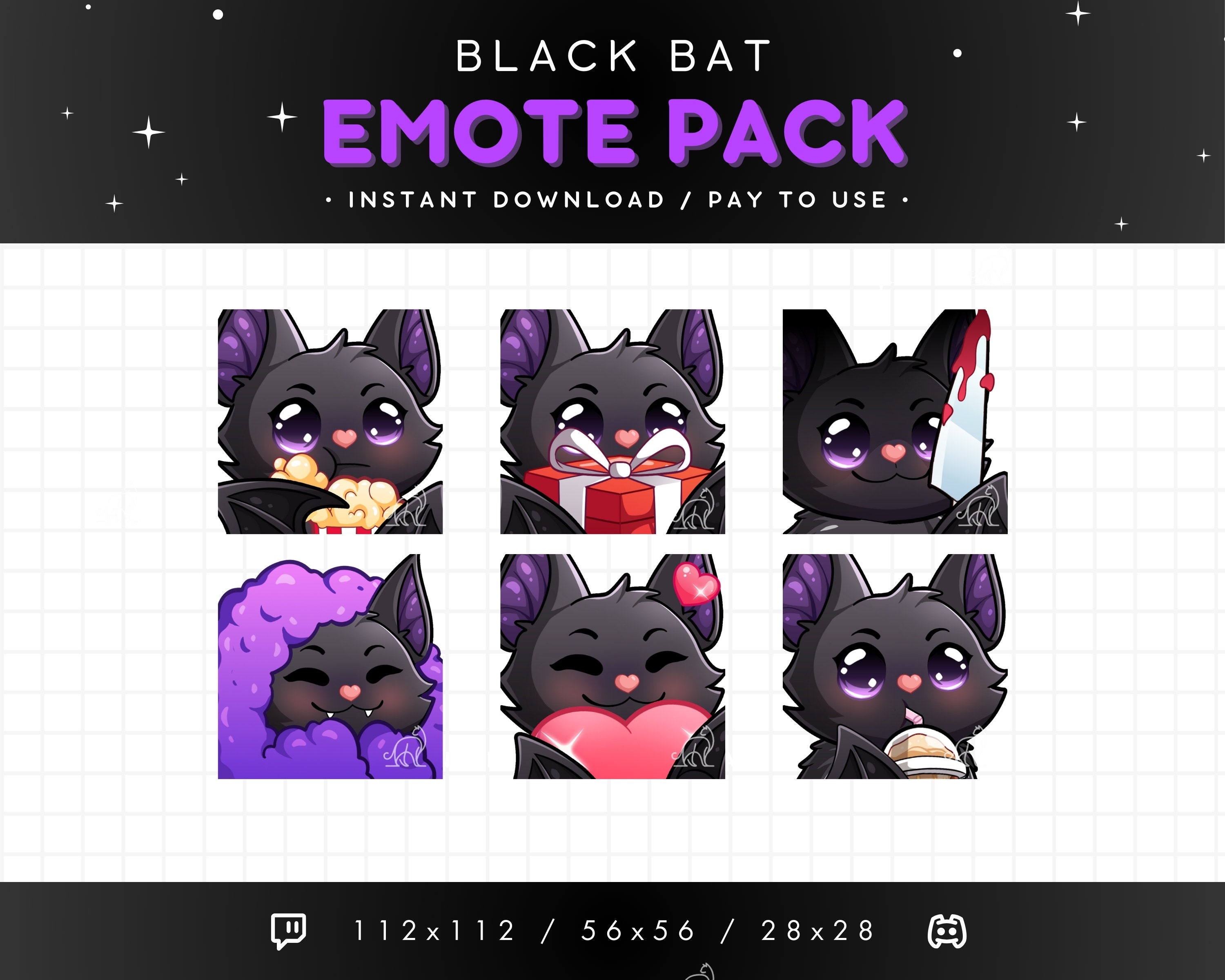 Cute Chibi Bat Twitch Emote Pack Black Bat Emote, Bat Discord Emote ...