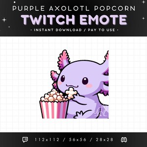 Cute Axolotl Twitch Emote Popcorn Purple Axolotl Emote, Axolotl Discord Emote, Gaming, Streaming ...