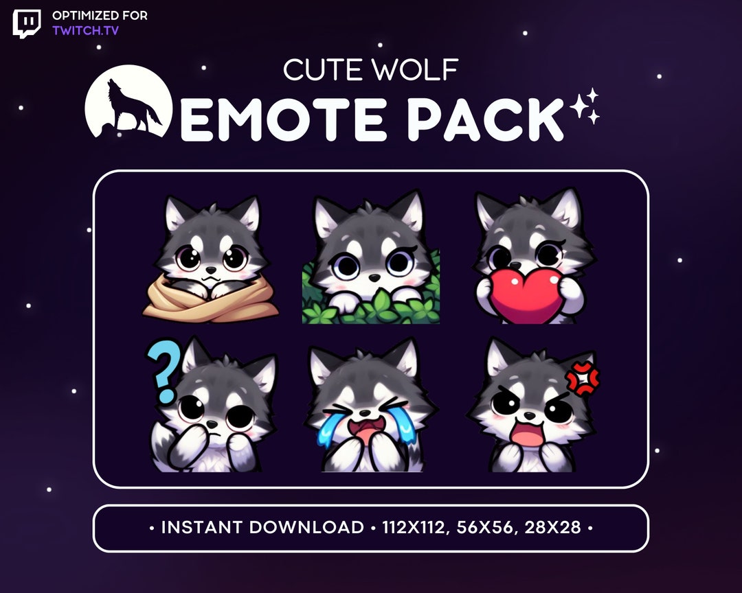 Wolf Twitch Emote Pack 6x - Cute Grey Wolf Emote, Wolf Discord Emote ...