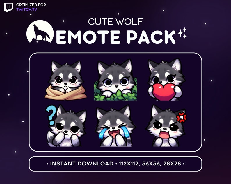 Wolf Twitch Emote Pack 6x - Cute Grey Wolf Emote, Wolf Discord Emote ...