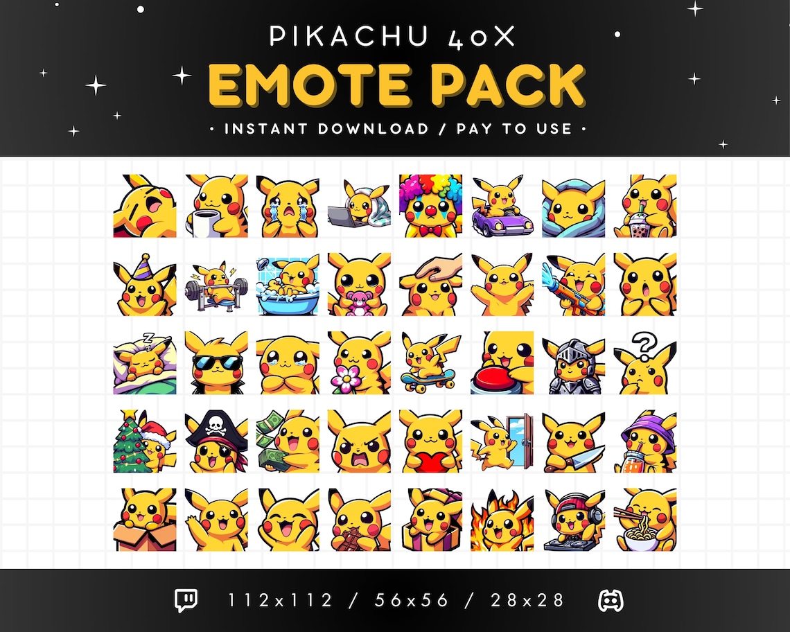 Cute Pikachu Twitch Emote Pack 40x Pikachu Pokemon Emote, Gaming ...
