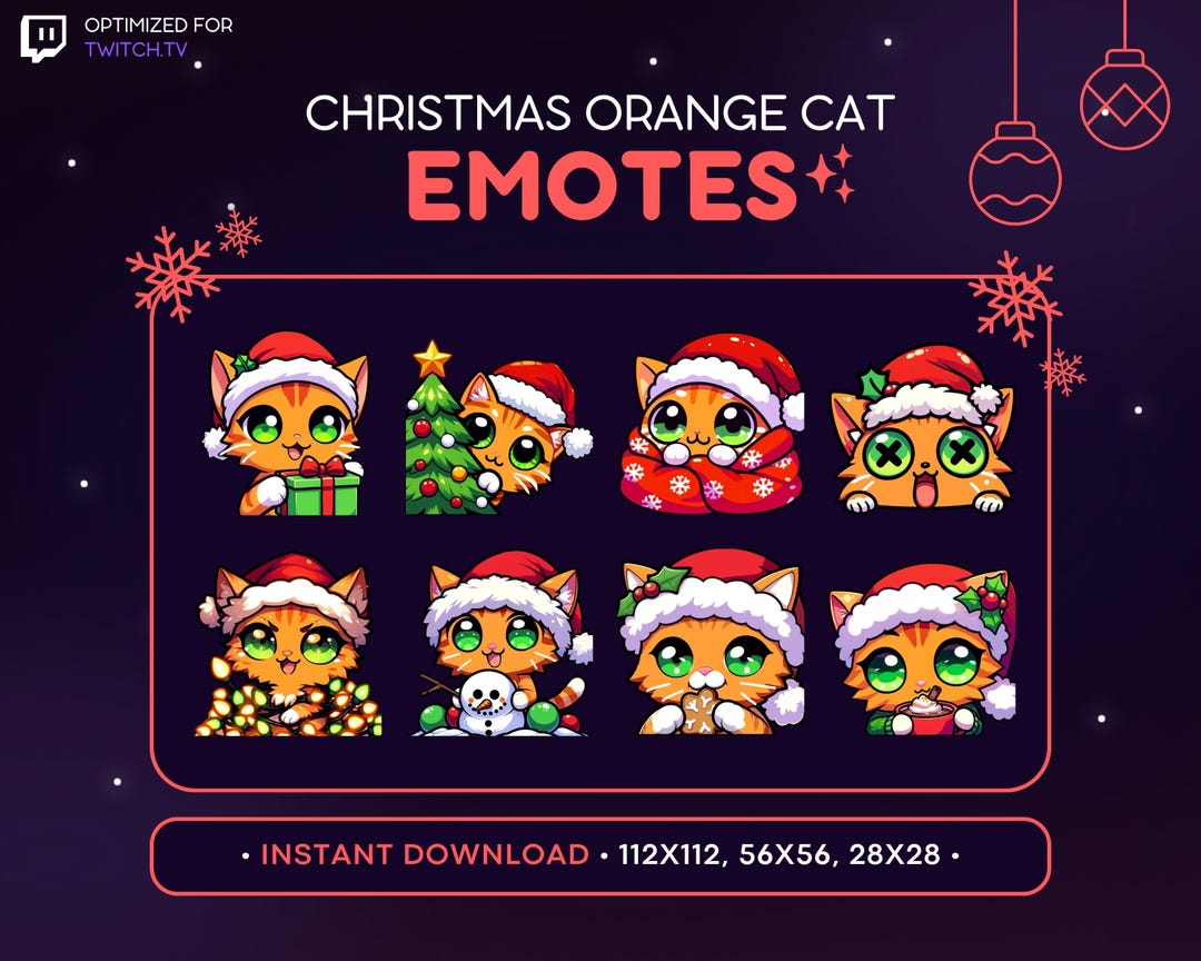 Orange Cat Christmas Twitch Emote Pack 8x - Cute Kitten Holiday Emote ...