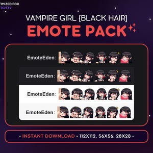 Vampire Girl Twitch Emote Pack - Black Hair Evil Vampire Girl, Kawaii ...