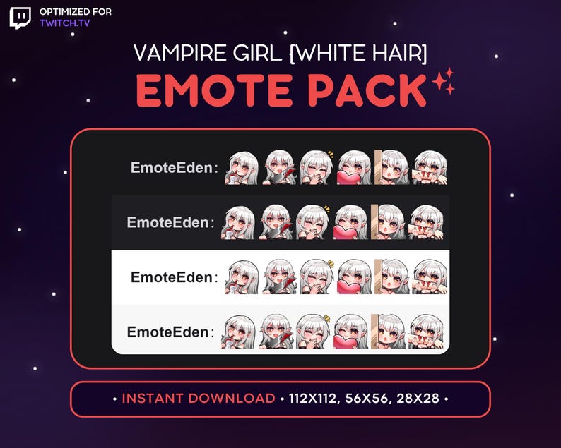 Vampire Girl Twitch Emote Pack - White Hair Evil Vampire Girl, Kawaii ...
