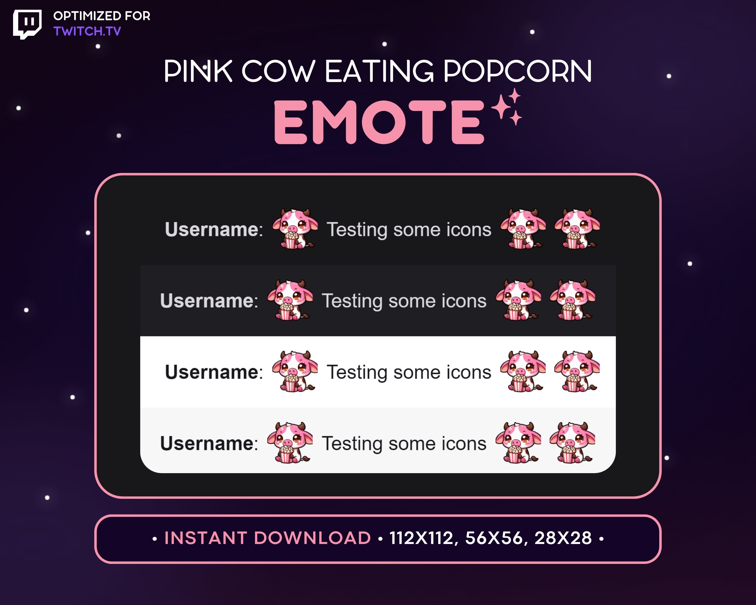 Cute Pink Patchy Cow Twitch Emote - Eating Popcorn Cow Emote, Cow ...