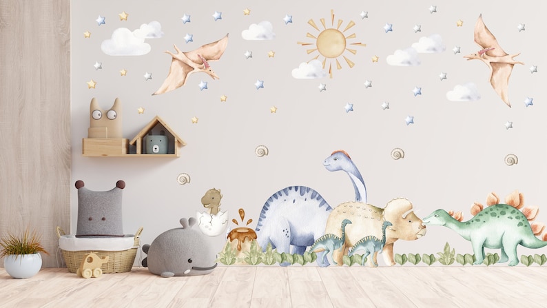 Cute Dinosaurs Watercolor Wall Decal, Watercolor Nursery Sticker ...
