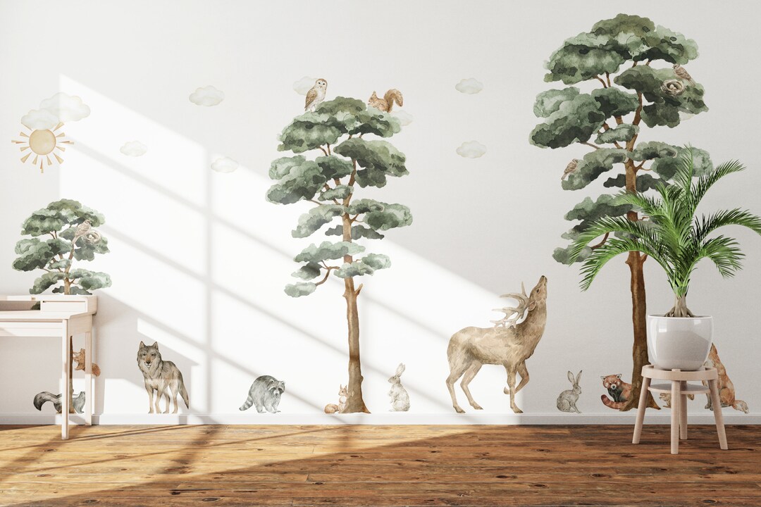 Woodland Animals and Trees Wall Decal, Backwoods Forest Nursery Wall ...