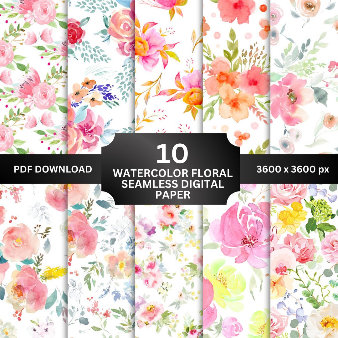 10 Watercolor Flower Seamless Pattern, Watercolor Floral Paper, Flowers ...