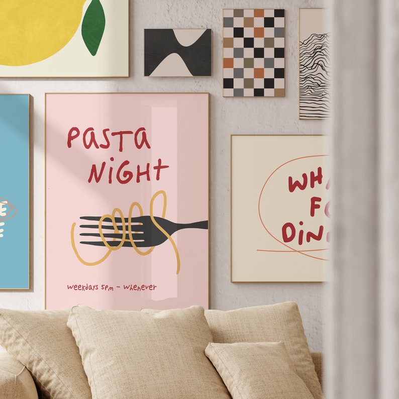 Pasta Night Poster Retro Pasta Wall Art, Italian Food Art Print, Pasta ...
