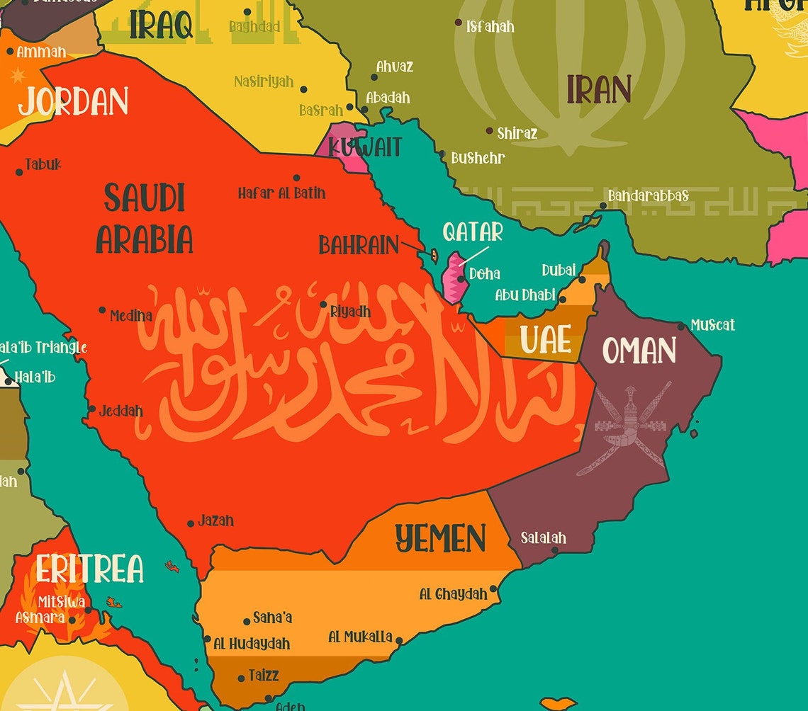 Middle Eastern/near Eastern Countries and Major Cities Map Giclée Print ...