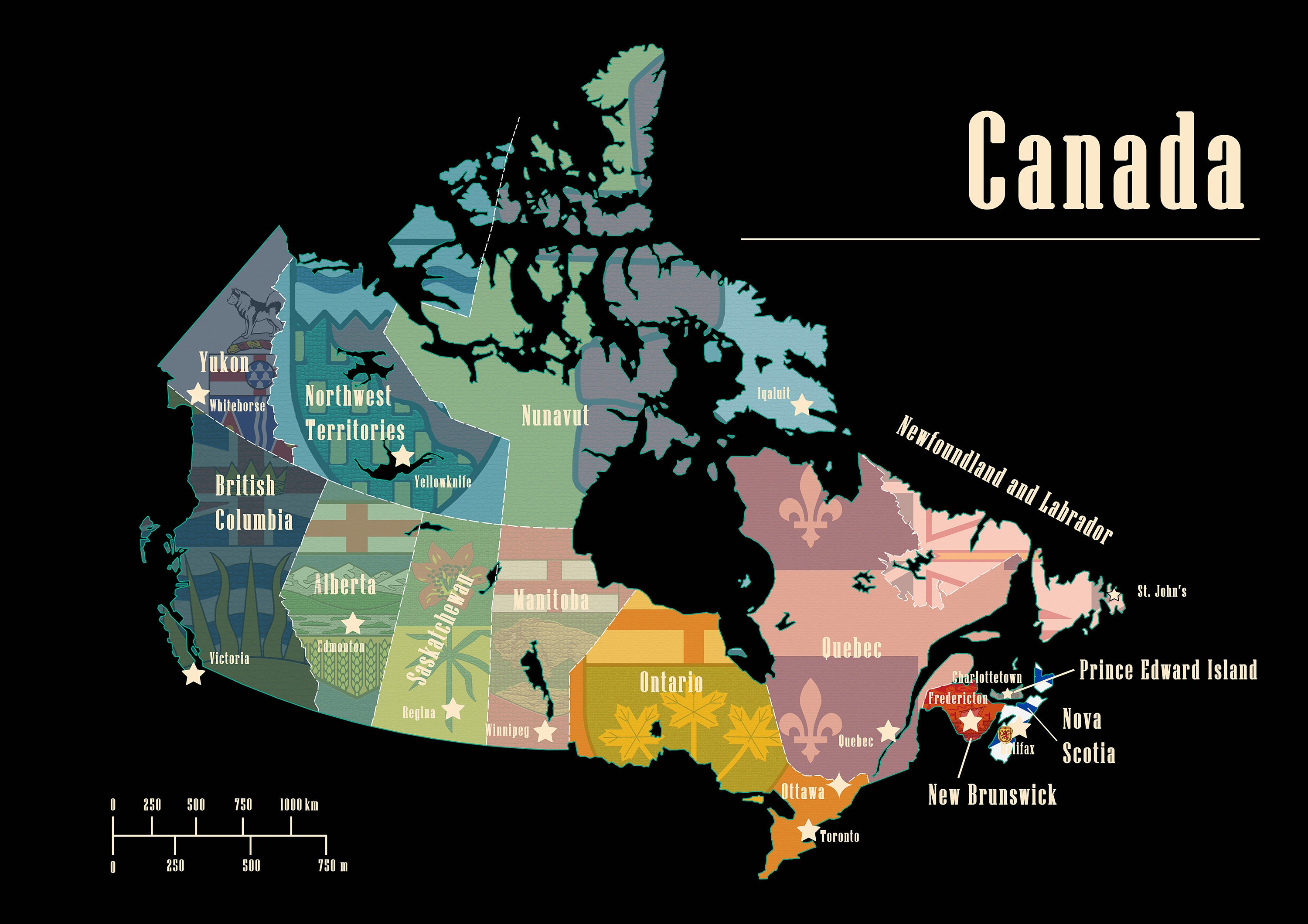 Canada Provinces/flag Map - Limited Edition Giclée Print, Various Sizes ...