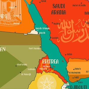 Middle Eastern/near Eastern Countries and Major Cities Map Giclée Print ...